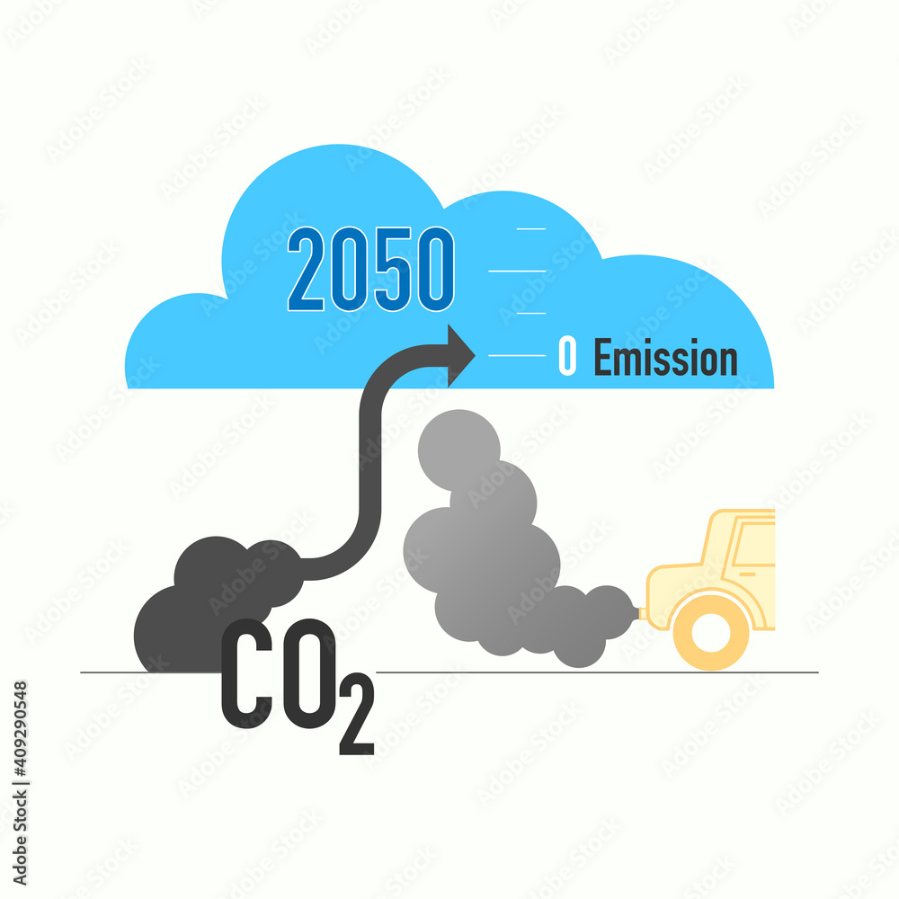 Achieving zero CO2 emissions 2050 typographic design. Black smoke arrow ...