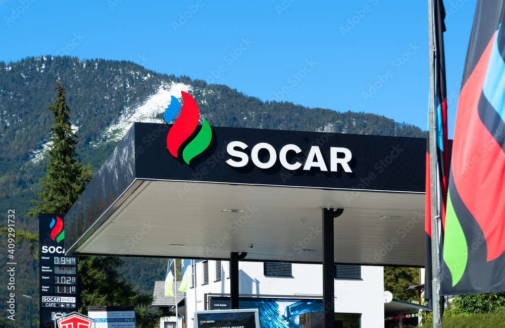 Logo sign of Socar gas station in Austria Stock Photo | Adobe Stock