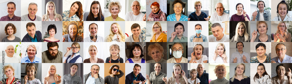 Multi ethnic people of different age looking at camera collage mosaic ...