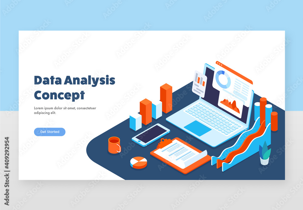 Responsive Landing Page Design with Isometric View of Analyst Workplace ...