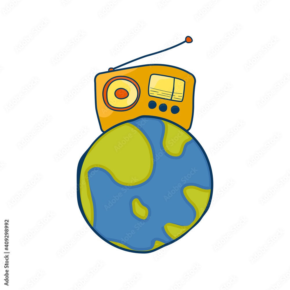 Radio over the earth cartoon illustration. Perfect template for World ...