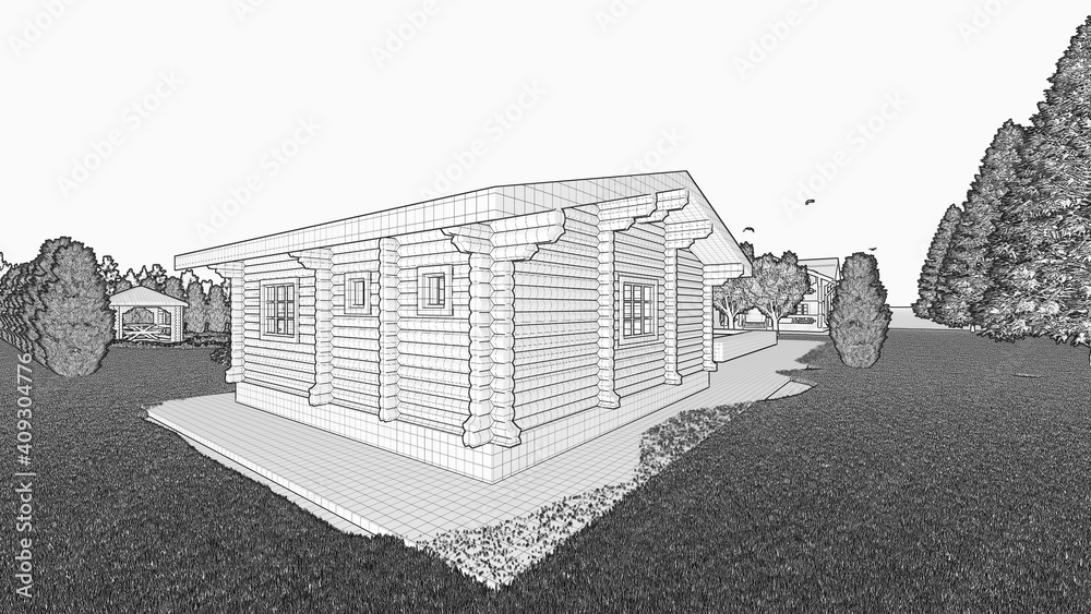 black and white illustration, picture, tiny house, wooden log house ...