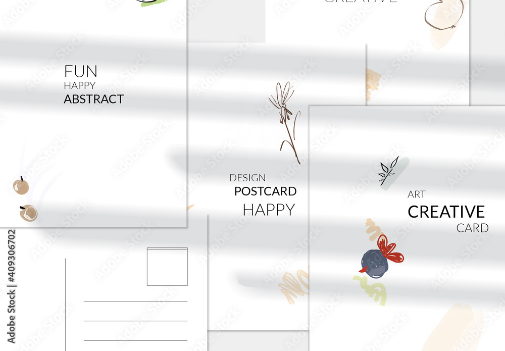 Postcard Layout with Hand Drawn Abstract Floral Doodles and Geometric ...