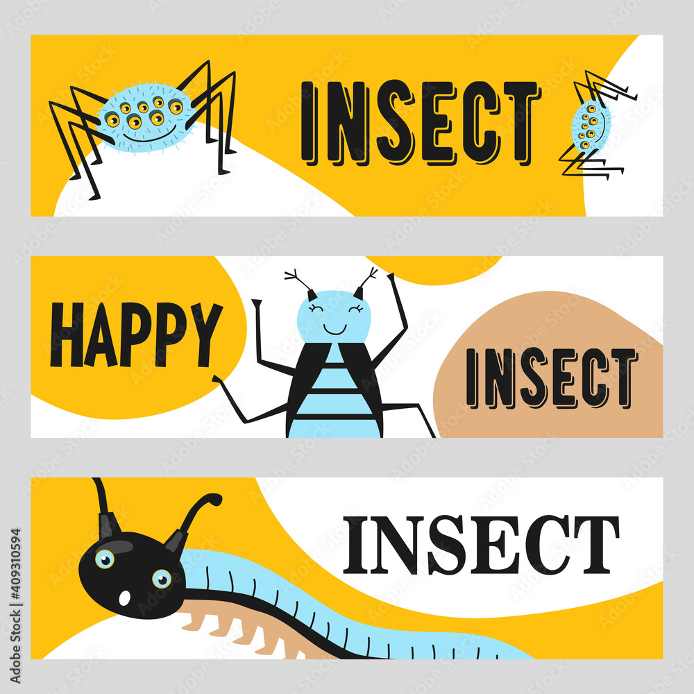 Promotional banner designs with cute insects. Yellow banners with ...