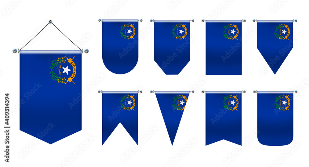 3D Realistic Pennants Hanging Flags of NEVADA state USA. Vertical ...