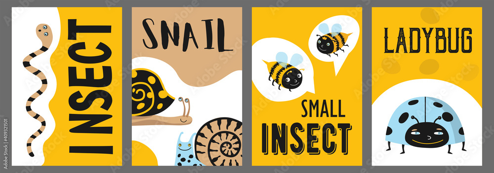 Yellow poster designs with funny insects. Colorful brochures for ...