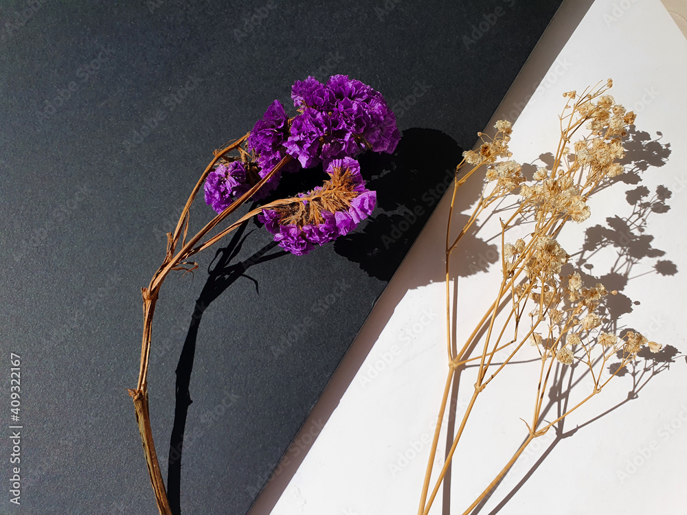 bouquet of flowers. Beautiful purple and yellow dried flowers flay lay ...