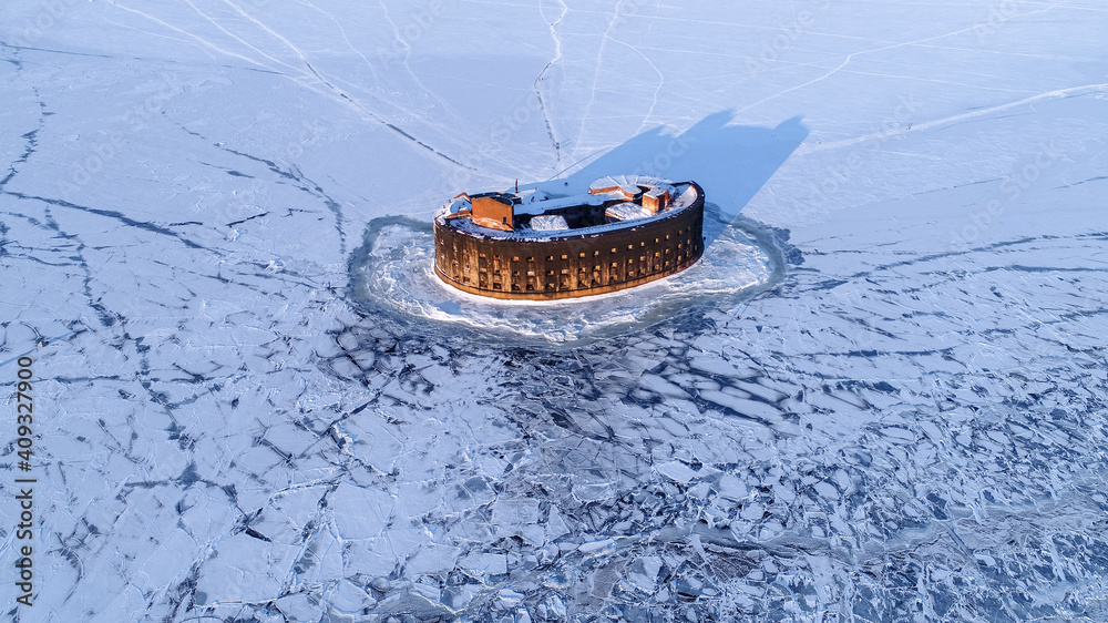 Aerial view of Fort Alexander the First in Kronstadt. Winter is plague ...