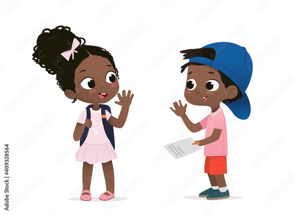 African American schoolkids saying goodbye flat vector illustration ...