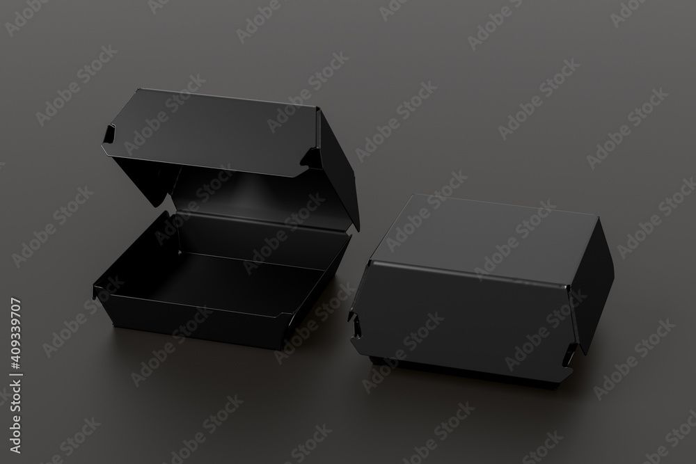Closed and opened black food box mock up. Packaging for hamburger ...