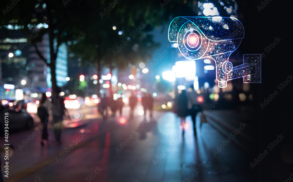 Security technology concept. Virtual modern CCTV camera in low poly ...