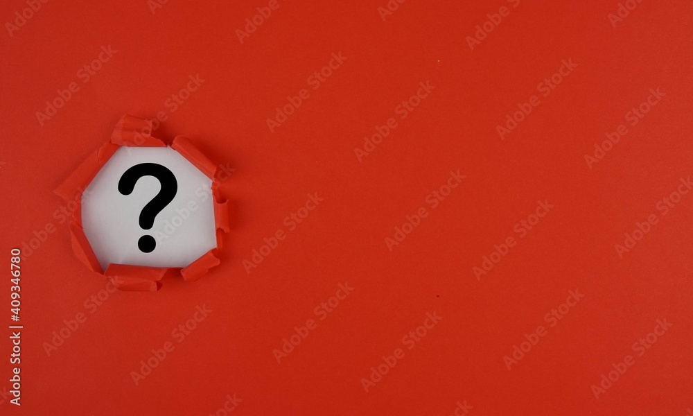 Red torn paper with copy space and question mark on white background ...
