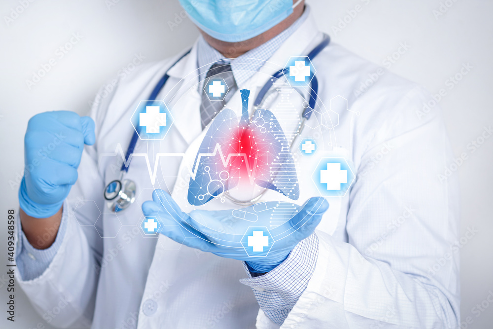 Doctors wearing masks and gloves Shows a graphical computer interface ...