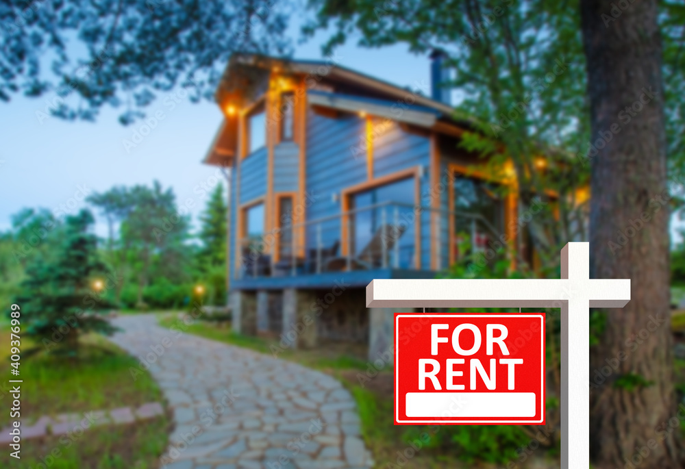 Rental properties outside city. Red for rent sign as a symbol of rental ...
