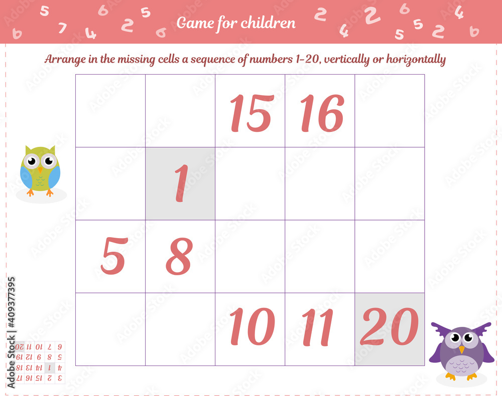 Logic game for children and adults. Place in empty cells horizontally ...