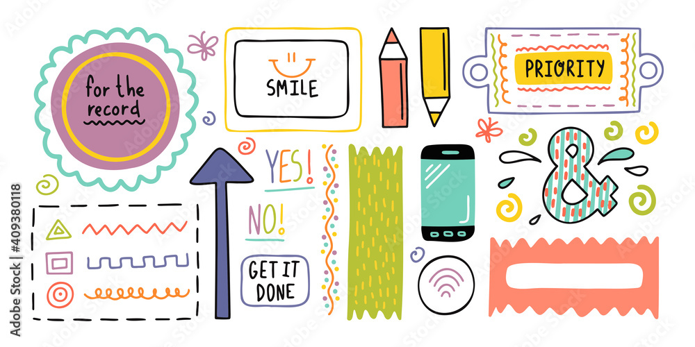 Diary elements. Hand drawn doodles bullet journal banners and elements ...