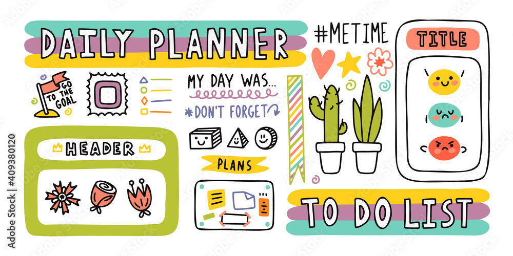 Diary elements. Hand drawn doodles bullet journal banners and elements ...