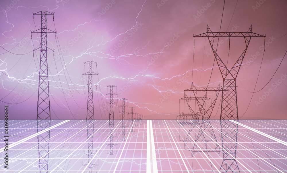 Solar energy panels with High voltage power lines with amazing sunset ...