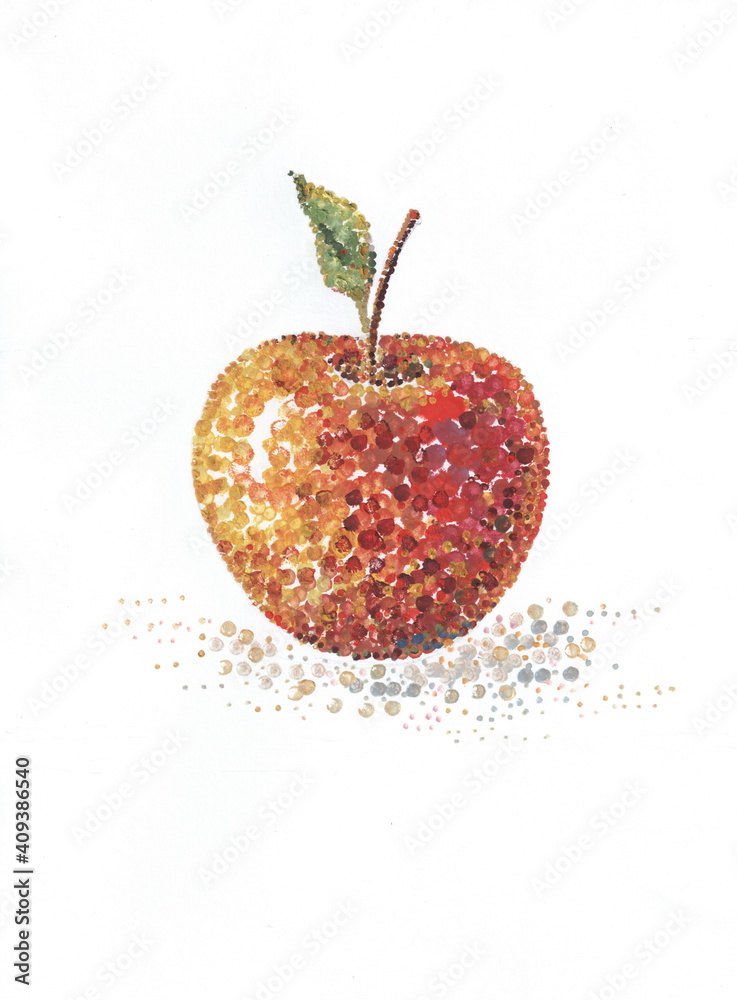 Red apple with leaf - Pointillism hand painted drawing isolated on ...