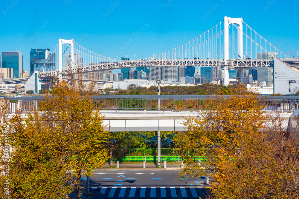 Japan. Tokyo. Rainbow bridge against the blue sky. Tokyo bay. The ...