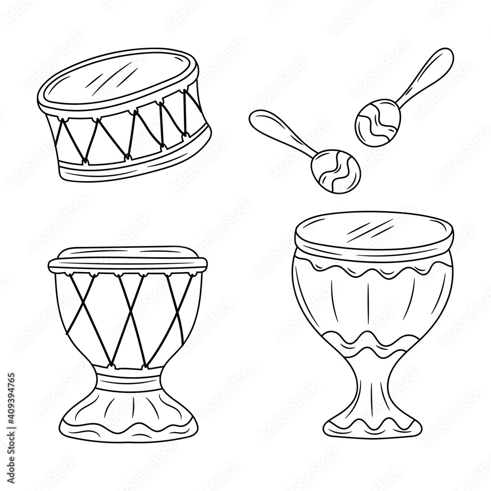 Simple Brazilian samba batucada drum, black and white Line art vector ...