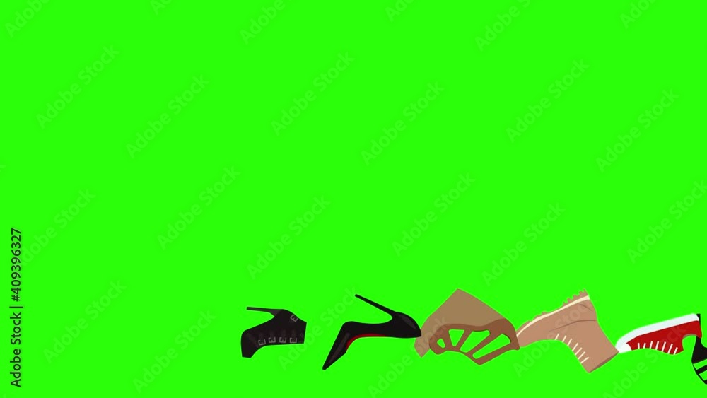 Animation of women shoes group elements on green screen chroma key ...