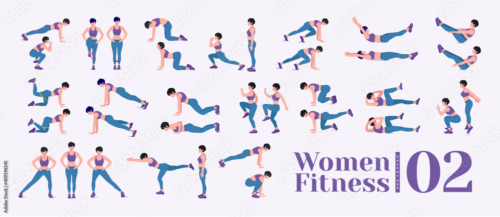 Women Workout Set. Women doing fitness and yoga exercises. Lunges ...