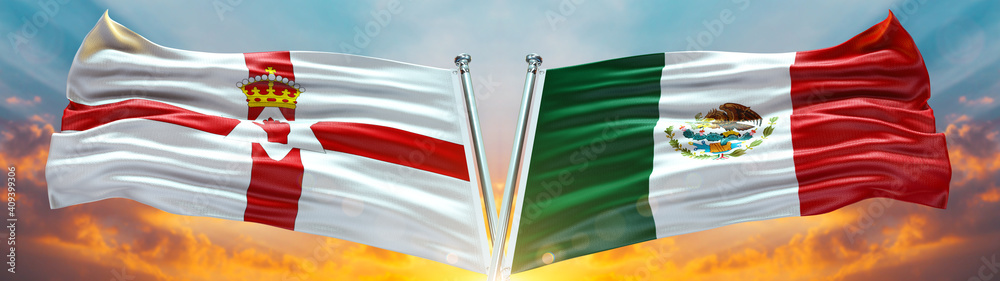 Mexico Flag and Northern Ireland flag waving with texture sky Cloud and ...
