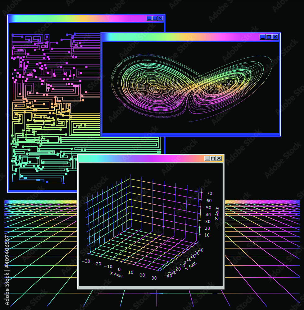 Vetor de Sci-fi HUD board with visualization of 3D graph Lorenz system ...
