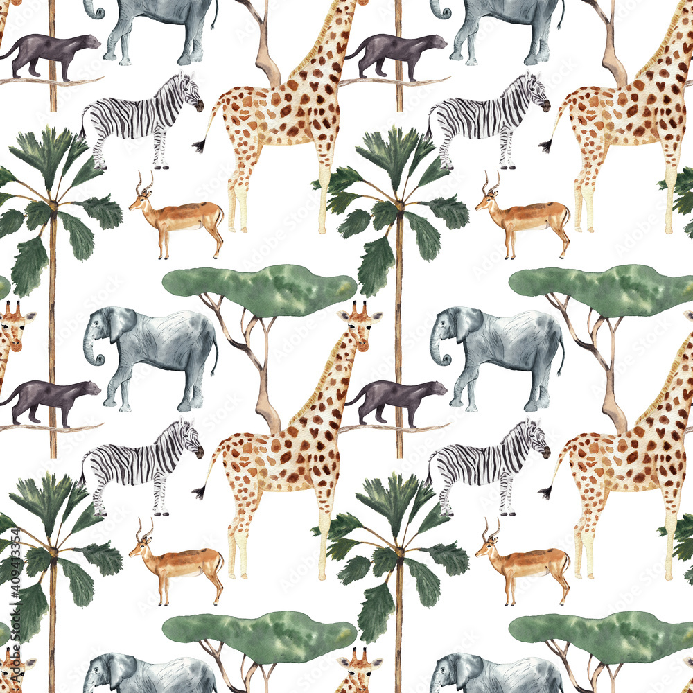 Animal safari watercolor pattern. Seamless pattern, Jungle animals.High ...