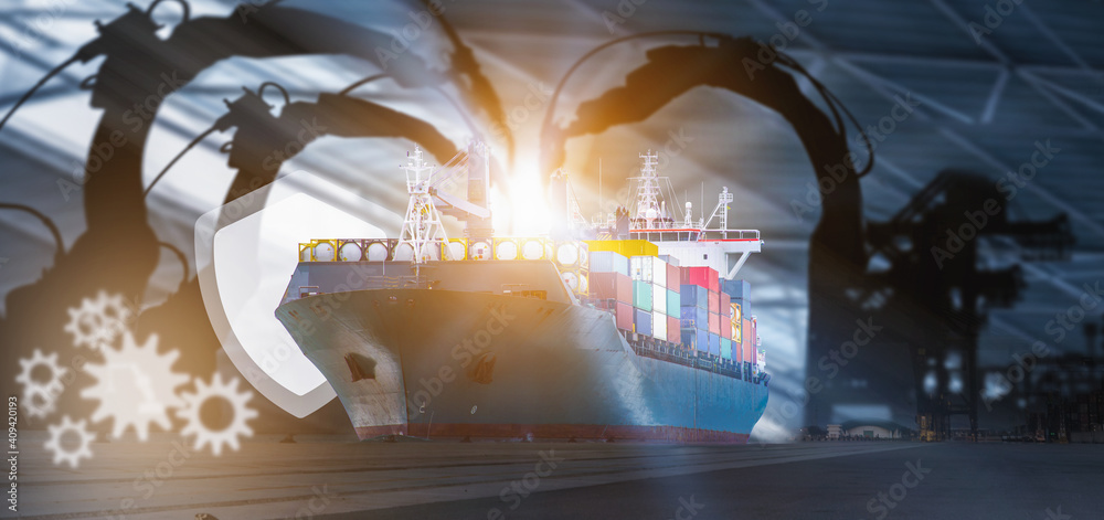 Cargo ship carrying container and robot in the dry yard service concept ...
