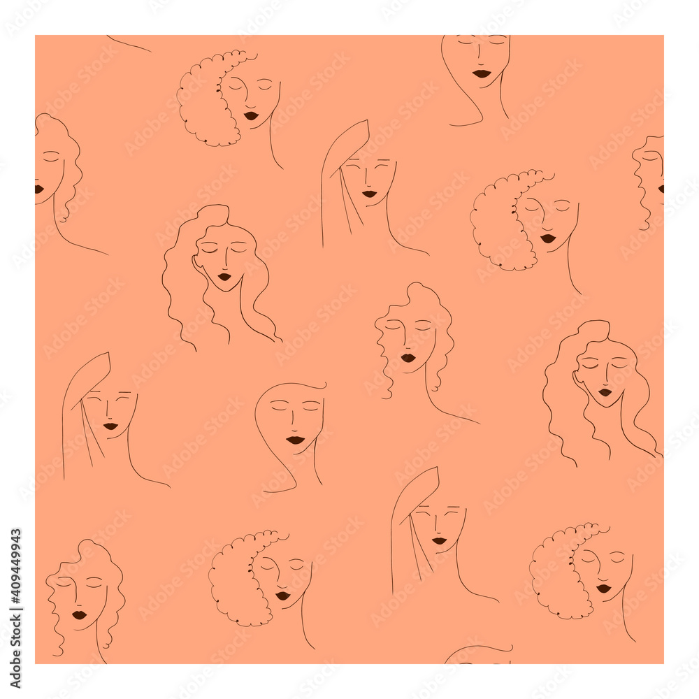 Seamless vector pattern with portraits of girls drawn with lines ...