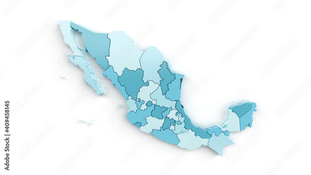 Detailed map of regions of Mexico in turquoise color on white. 3D ...