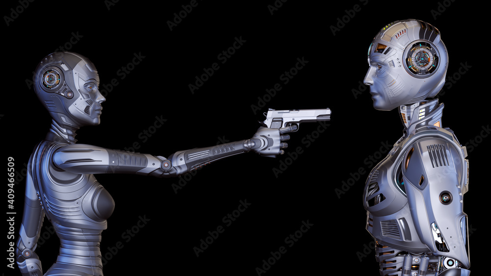 3d render of futuristic robot woman or cybernetic girl threatening or ...