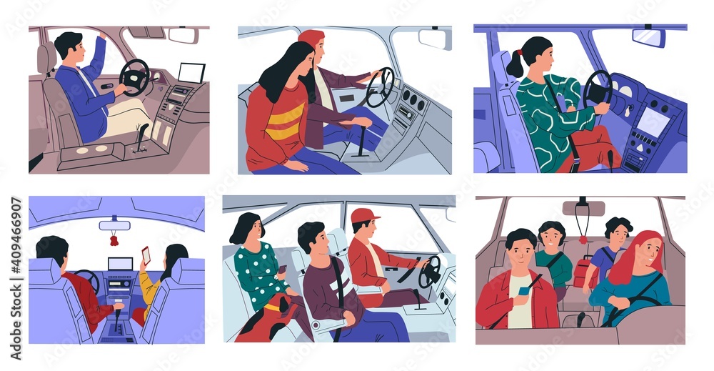 Car ride. Cartoon characters driving vehicle with family and pets ...