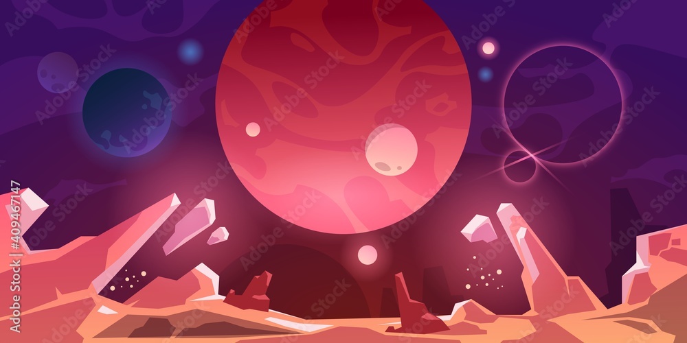 Alien landscape. View from rocky ground to dark sky with stars and ...