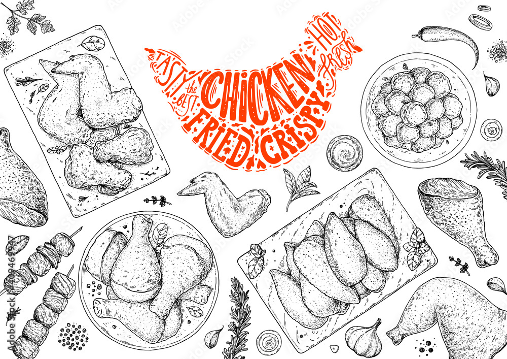 Chicken meat. Grilled and Fried chicken. Hand drawn sketch illustration ...