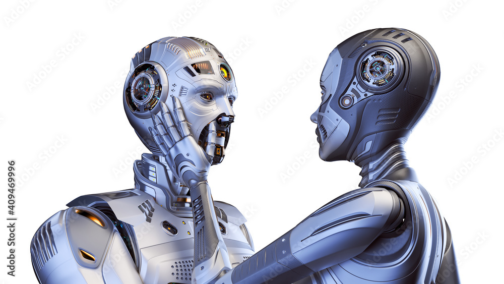 3d render of two detailed cyborgs man and woman or futuristic humanoid ...