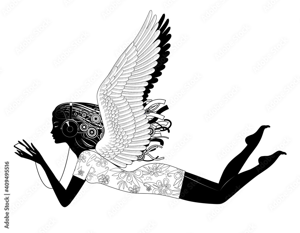 Linear drawing of a flying girl with wings and flowing hair listening ...