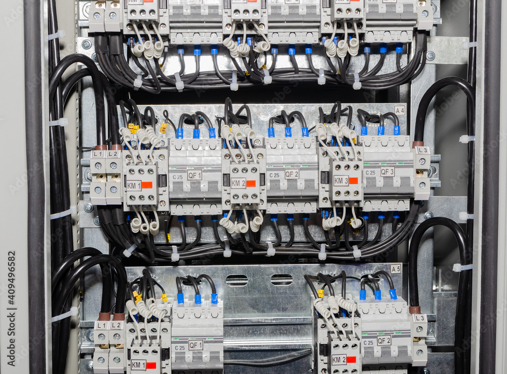 Electrical control box with electrical devices closeup Stock Photo ...