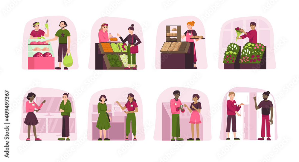 Sellers concept with bundle of isolated compositions of market stalls ...