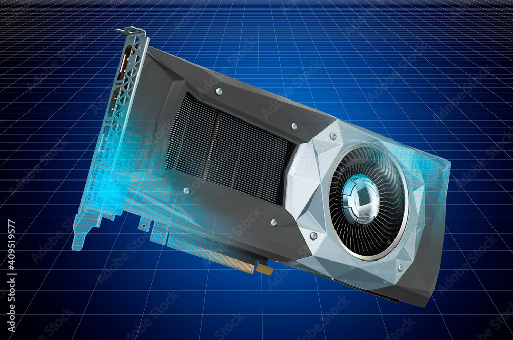 Visualization 3d cad model of video card GPU, blueprint. 3D rendering ...