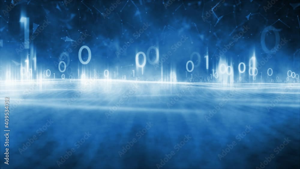 Artistic computer network with binary numbers, waves and flickering ...