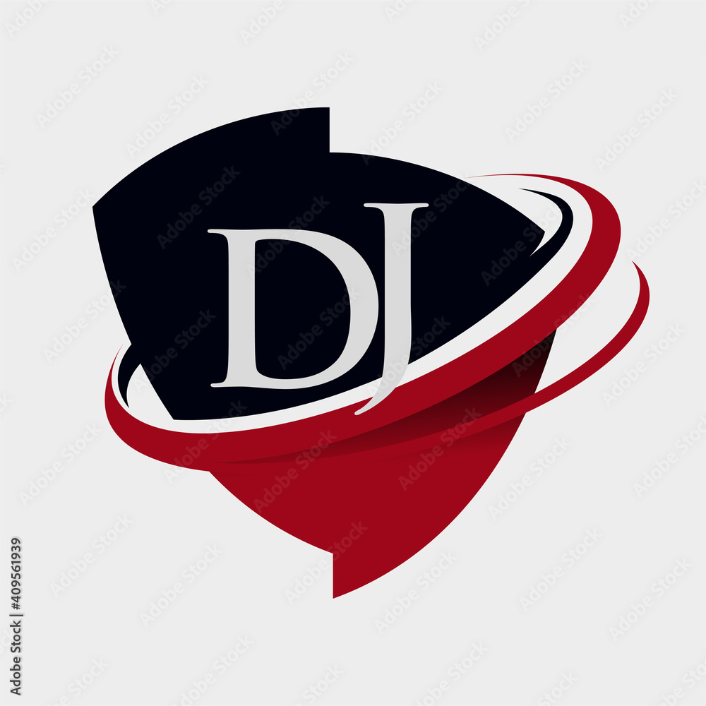 initial letter DJ logotype company name colored red and black swoosh ...