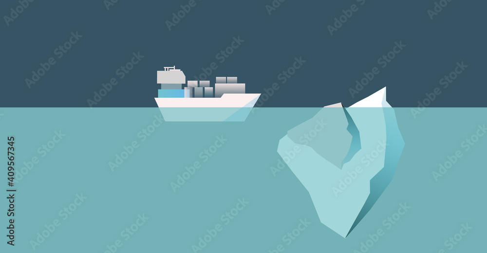 A cargo ship crashes into an iceberg. Symbol for hidden problems ...