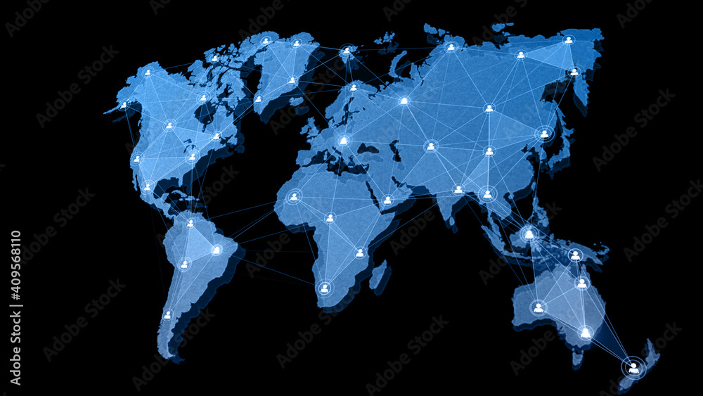 Network connection structure, World map with user icon people, Global ...
