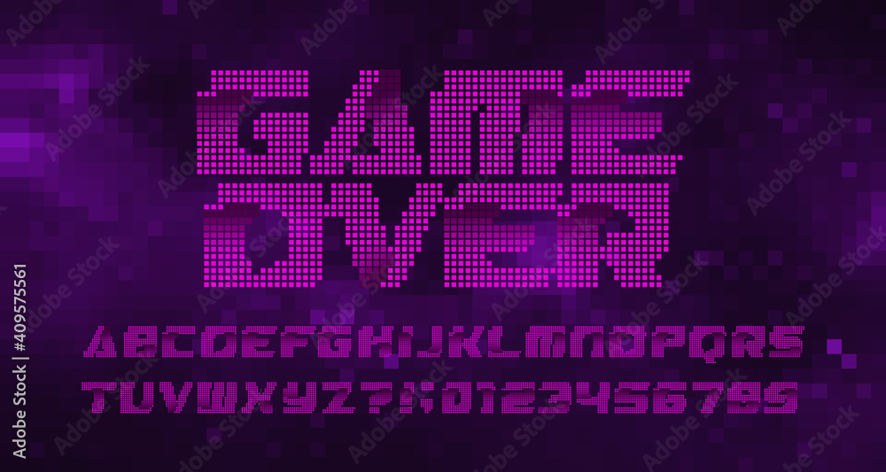 Game Over alphabet font. Digital letters and numbers. Pixel background ...