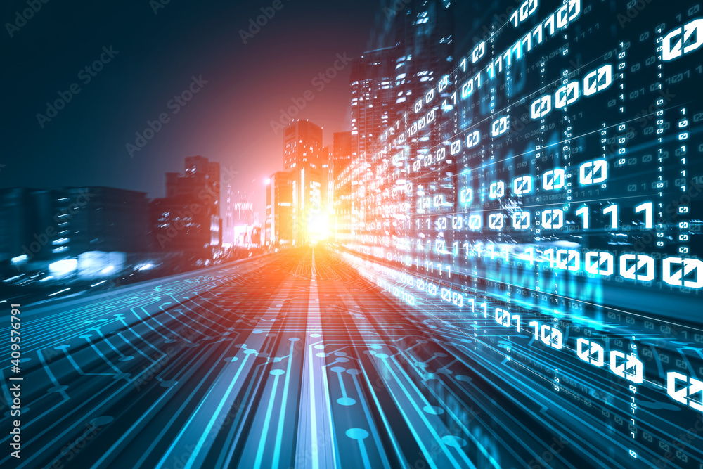Digital data flow on road with motion blur to create vision of fast ...