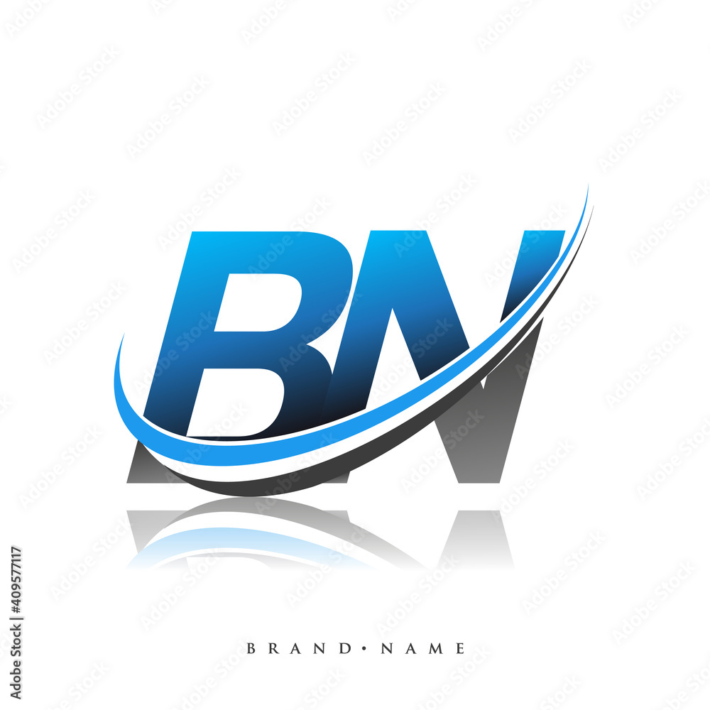 BN initial logo company name colored blue and black swoosh design ...