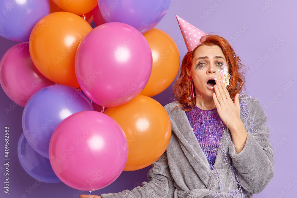 Tired fatigue redhead woman wants to sleep as was on party until late ...